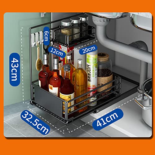 Under Sink Organizer and Storage, Under Sliding Cabinet Basket Organizer 2-Tire Under Kitchen Bathroom Sink Storage, Multi-Purpose Under Sink Shelf Organizer Black,White