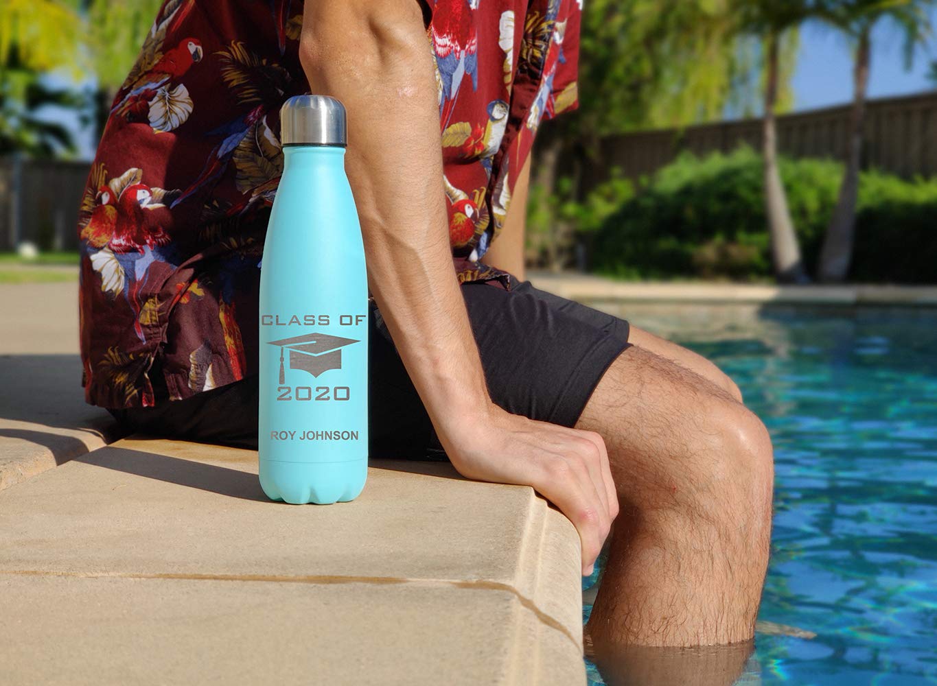 LaserGram Double Wall Stainless Steel Water Bottle, Figure Skater, Personalized Engraving Included (Light Blue)