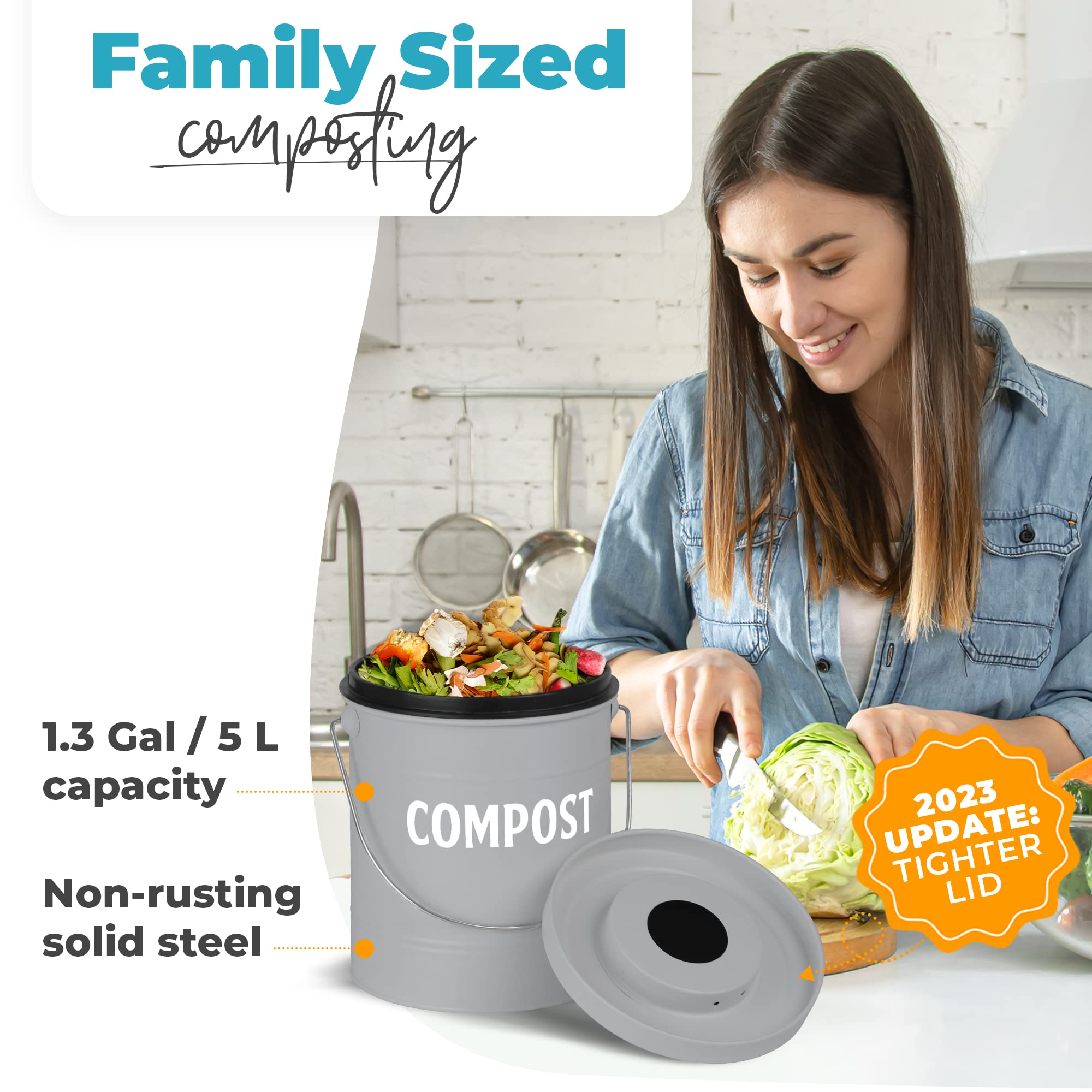 Kitchen Compost Bin by Saratoga Home - 1.3 Gal/5L Metal Compost Bucket for Kitchen Countertop, Kitchen Composter, Countertop Compost Bin, Compost Bin Kitchen, Kitchen Compost Bin Countertop, Gray