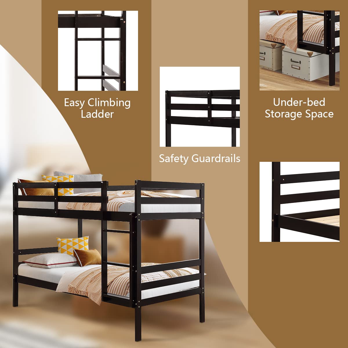 KOTEK Twin Bunk Bed, Solid Wood Twin Over Twin Bunk Bed Frame for Kids Teens, Children Bunk Beds with Ladder & High Guardrails (White)