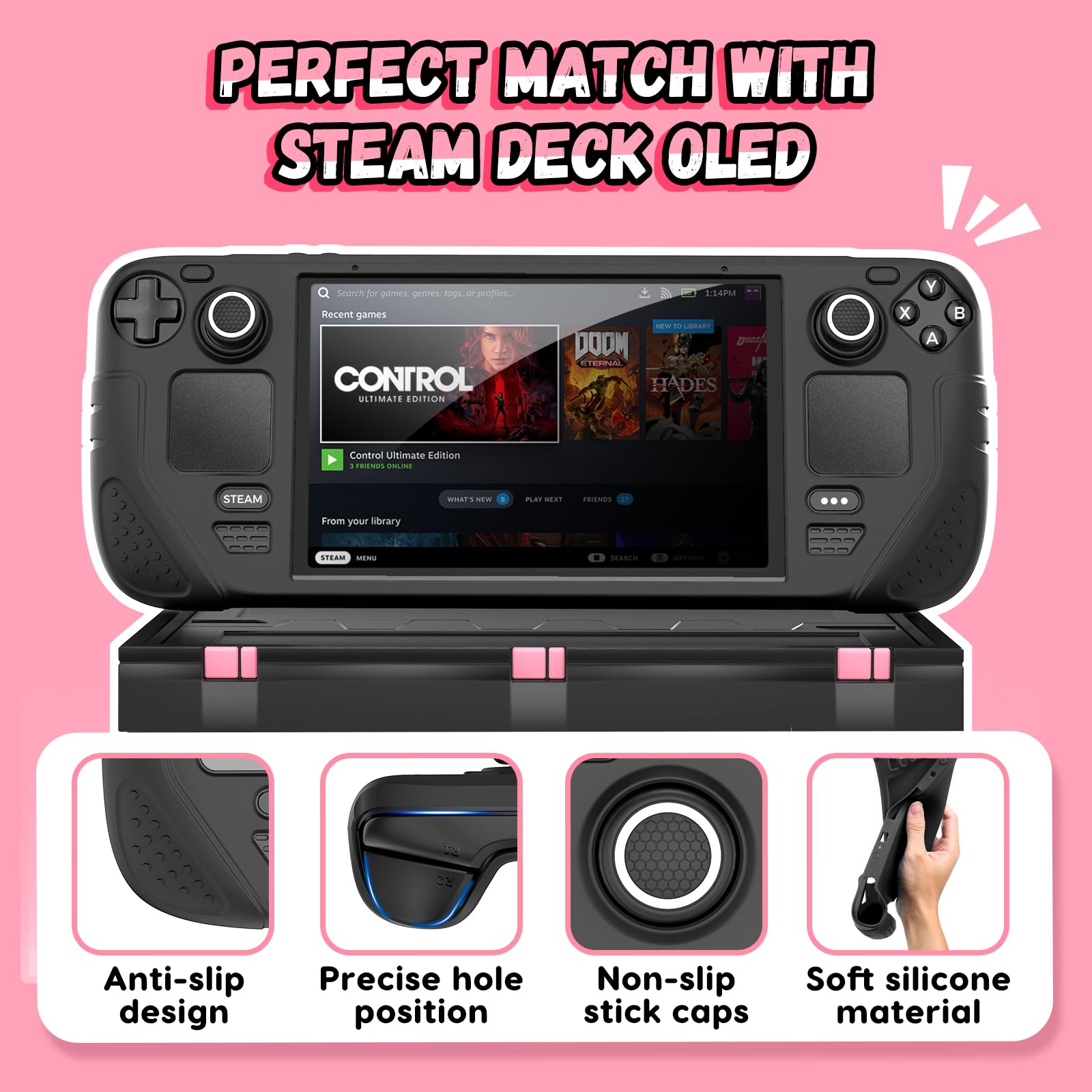 Protective Case for Steam Desk OLED, IINE Steamdesk OLED Silicone Cover Case, 9-in-1 Protective Silicone Shell with Anti-Scratch Cover Protector, Steam Deck OLED Accessories Set, Black