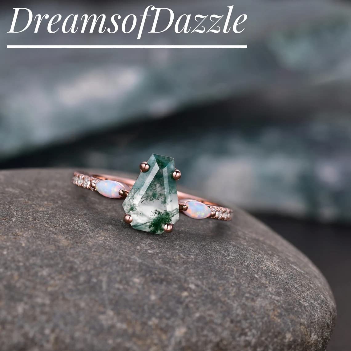 Ring For Women Coffin Shaped Green Moss Agate Ring Set, Wedding Promise Ring Opal Moss Agate Bridal Ring BY DREAMSOFDAZZLE (Rose Gold Overlay)