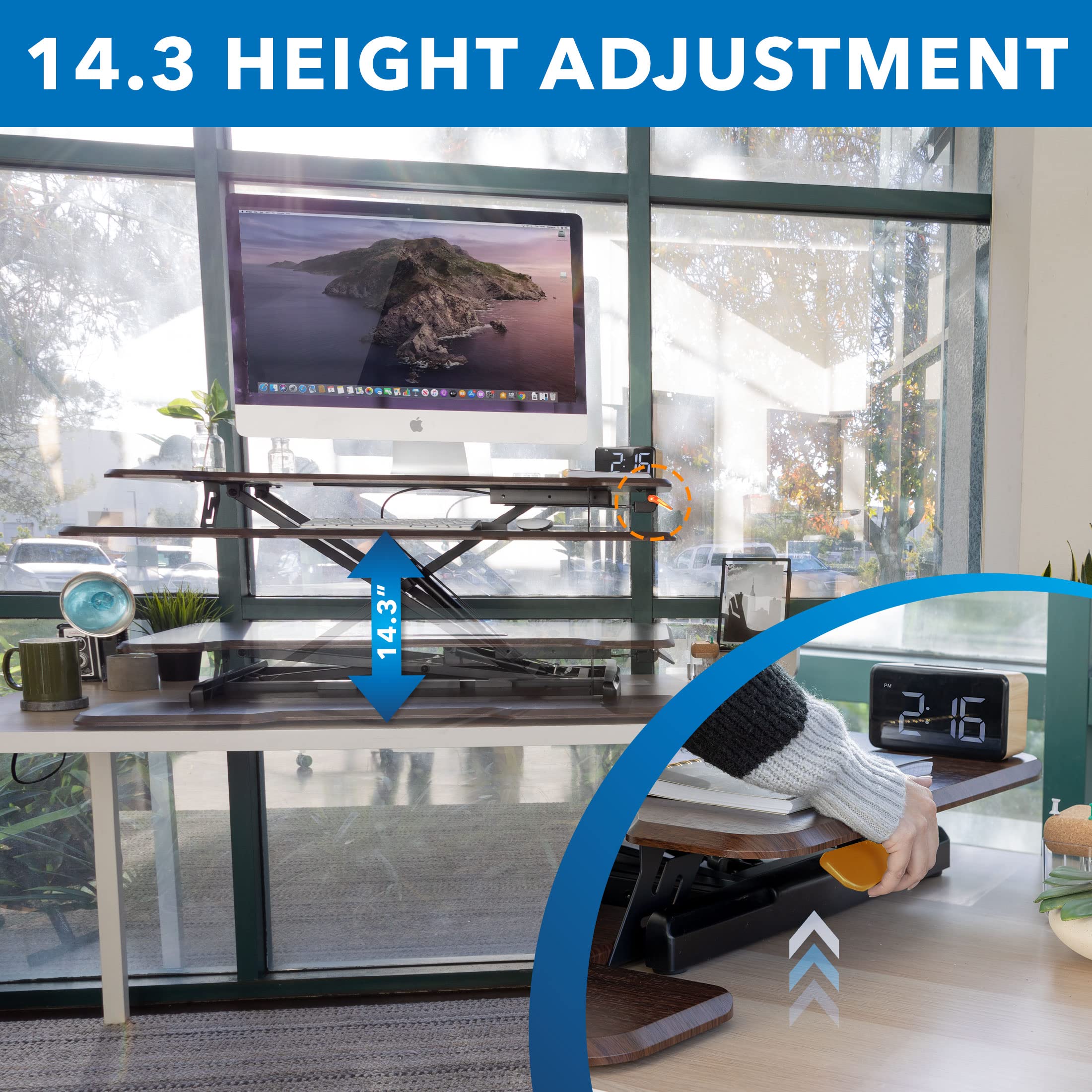 Mount-It! Height Adjustable Desk Converter, 38β Wide Tabletop Standing Desk Riser with Gas Spring Desktop Standing Desk with Keyboard Tray Fits Two Monitors, Dark Walnut