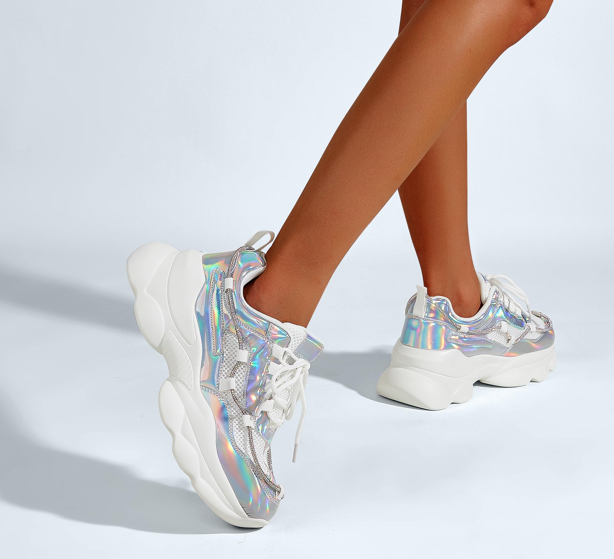 LUCKY STEP Women's 90s Chunky Sneakers Sparkly Bling Rhinestone Rope Platform Casual Thick Dad Rave Walking Shoes(Hologram Silver,7 B(M) US)