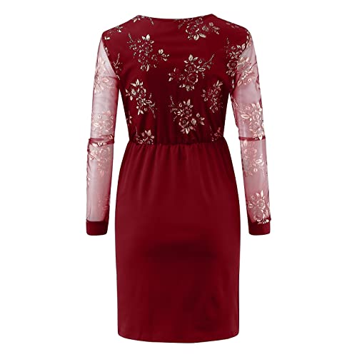 Pinkpaopao Bronzing Floral Printed Mesh Long Sleeve Evening Dress Deep V Neck Ruched Wrap Cross Midi Dress