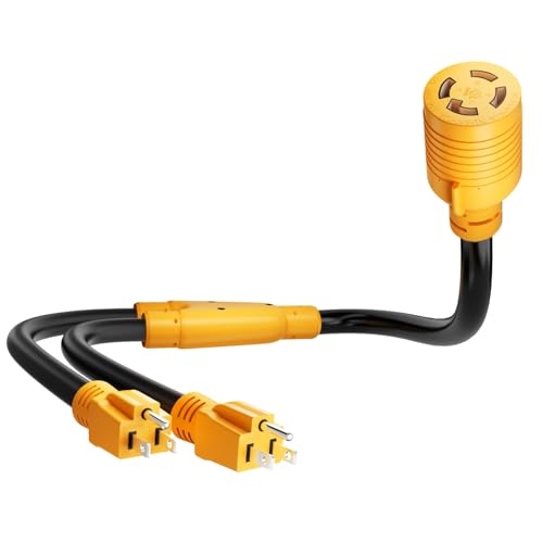 MECMO 2X 5-15P Male Plug to L14-30R 4-Prong Generator Twist Lock Female Receptacle Y Adapter Cord, 3Ft Generator Distribution Cord, 10 AWG STW 4 Prong Twisit Locking Generator Outlet 30Amp 125V / 250V