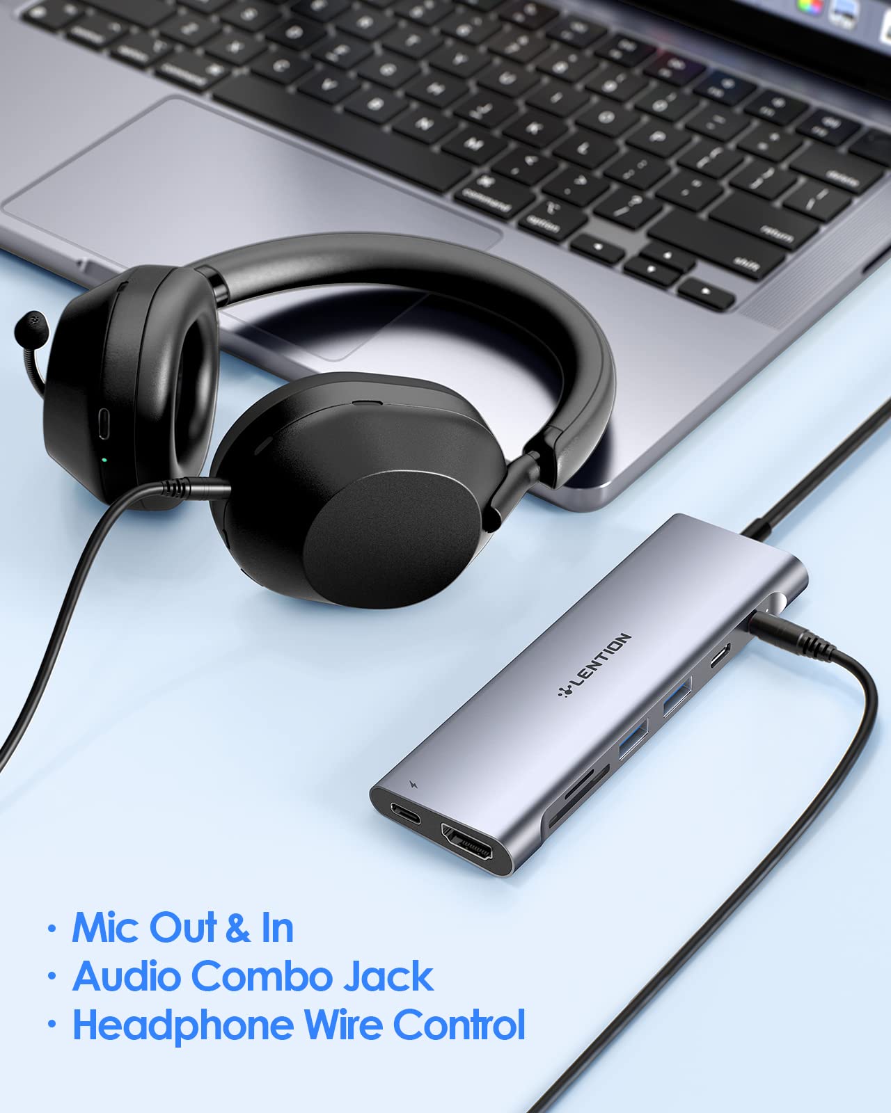 LENTION 3.3FT Long Cable USB C Hub with 4K HDMI, 2 USB 3.0, Card Reader, Aux, Type C Data/Charging Compatible 2023-2016 MacBook Pro, Mac Air/Surface, More, Stable Driver Adapter (CB-C37, Space Gray)