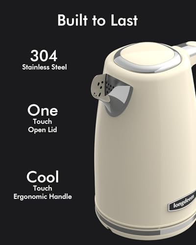 LONGDEEM Electric Kettle Stainless Steel 1.7L - 1500W Quick Boil, Retro Style, Auto Shut-Off, Boil Dry Protection with Filter & Water Gauge - Perfect for Tea, Hot Water, Cream