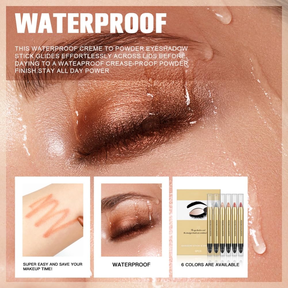 Lucoss 6PCS Cream Eyeshadow Stick, Shimmer Eye Shadow Stick Waterproof Eyeshadow Pencil Long Lasting Glitter Eyeshadow Sticks for Women Eyes Makeup Easy to Wear