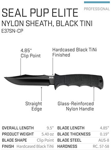 SOG Fixed Blade Knives with Sheath - SEAL Pup Elite Survival Knife, Hunting Knife w/ 4.85 Inch AUS-8 Bowie Knife Blade for a Tactical Knife (E37SN-CP)