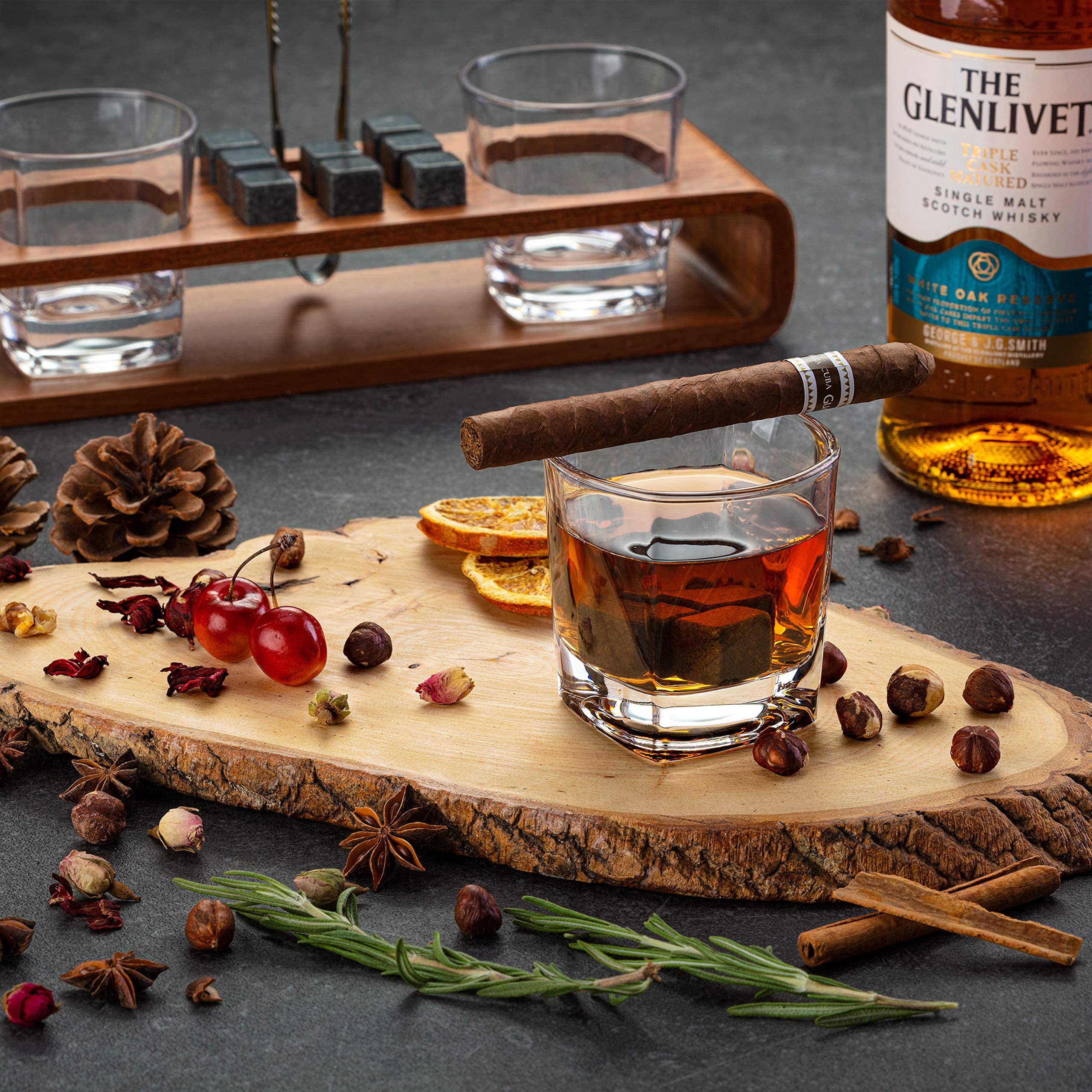 ROCKSLY Whiskey Stones Gift Set with Stand | Handcrafted Whiskey Glass Set Granit Whiskey Rocks for Perfect Drink | Whiskey Gift Set & Whiskey Kit | Best Whisky Stones Glass Set for Men dad (Mahogany)