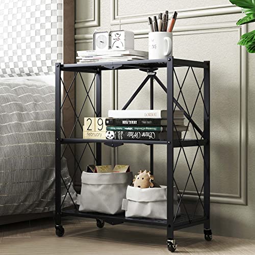Wellynap 3-Tier Foldable Standing Shelf, Metal Rack Storage Shelving Units with Rolling Wheels, Moving Easily Organizer Shelves Great for Garage Kitchen, Black
