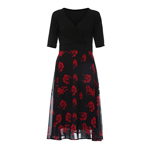 Pinkpaopao Plus Size Women Swing Dress V-Neck Loose Half Sleeve Floral Mesh Splicing Dress