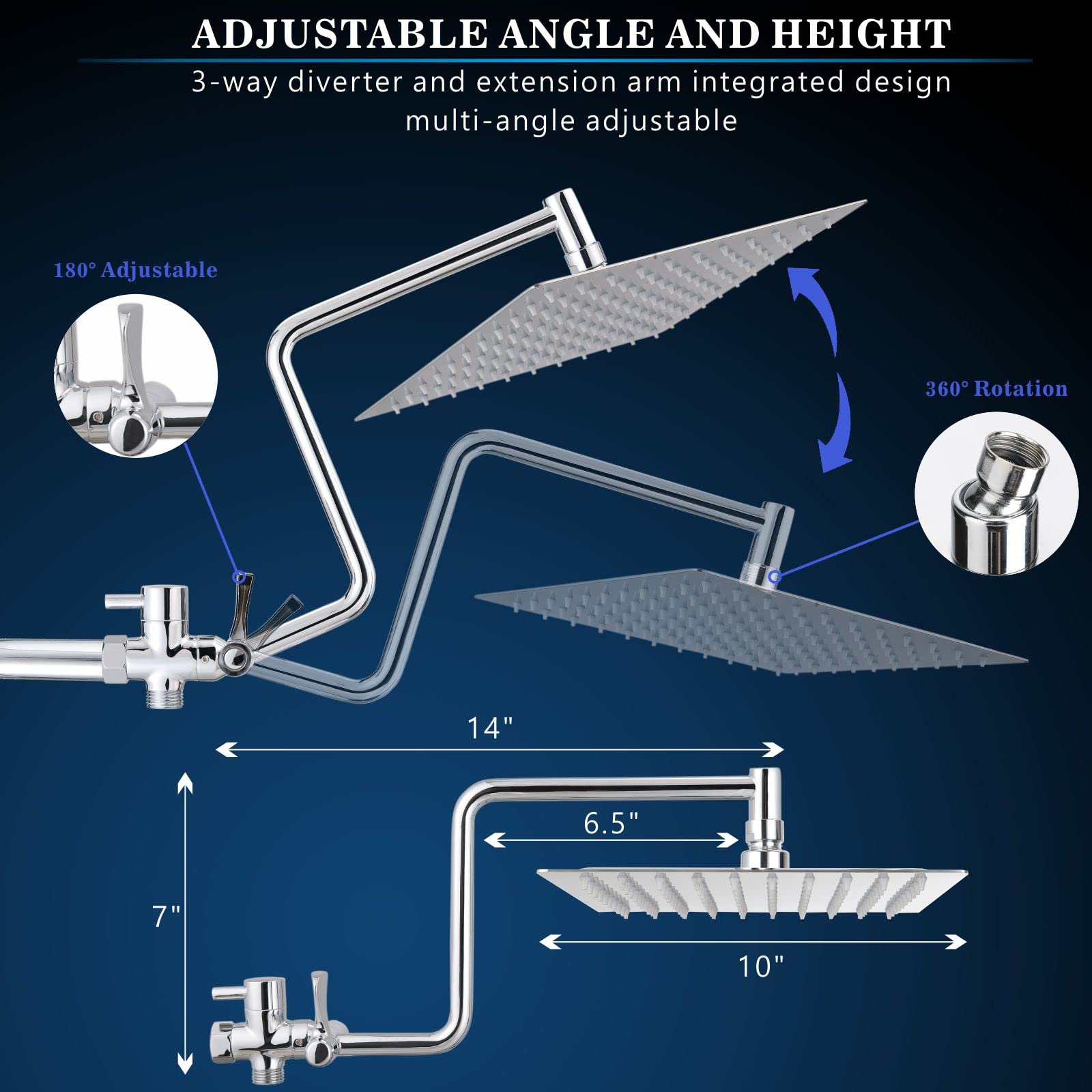 Nuodan Dual Shower Head, 10'' High Pressure Rain Shower Head / 5 Spray Handheld Showerhead Combo with 14'' Adjustable Shower Extension Arm, Hose and Adhesive Shower Holder (Chrome)