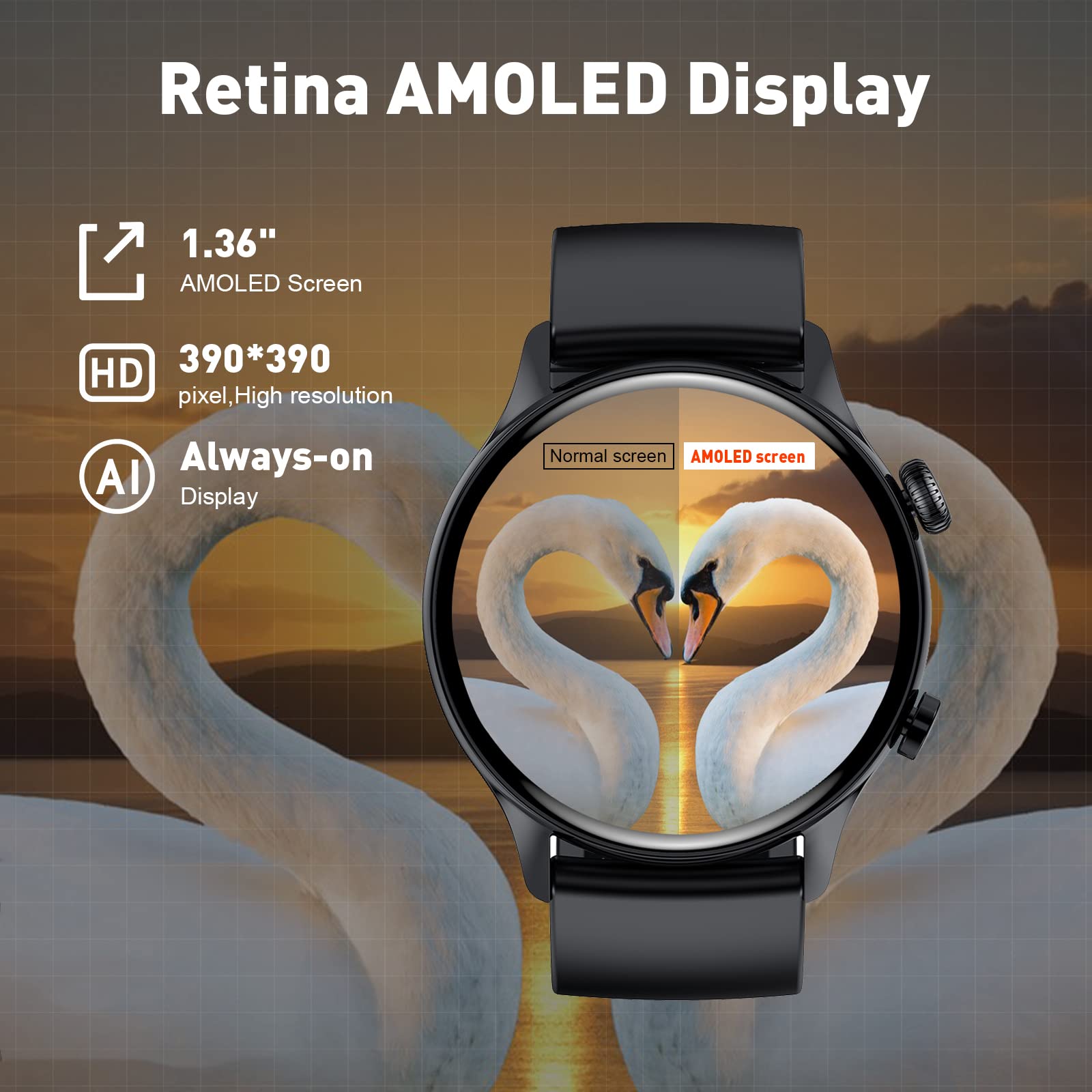 Smart Watch 2022(Bluetooth Call Receive/Dial),1.36" AMOLED Display Smartwatch Fitness Tracker with Call/Text/Heart Rate/Sport Modes, Watches for Men Women, Android/iOS (Black)
