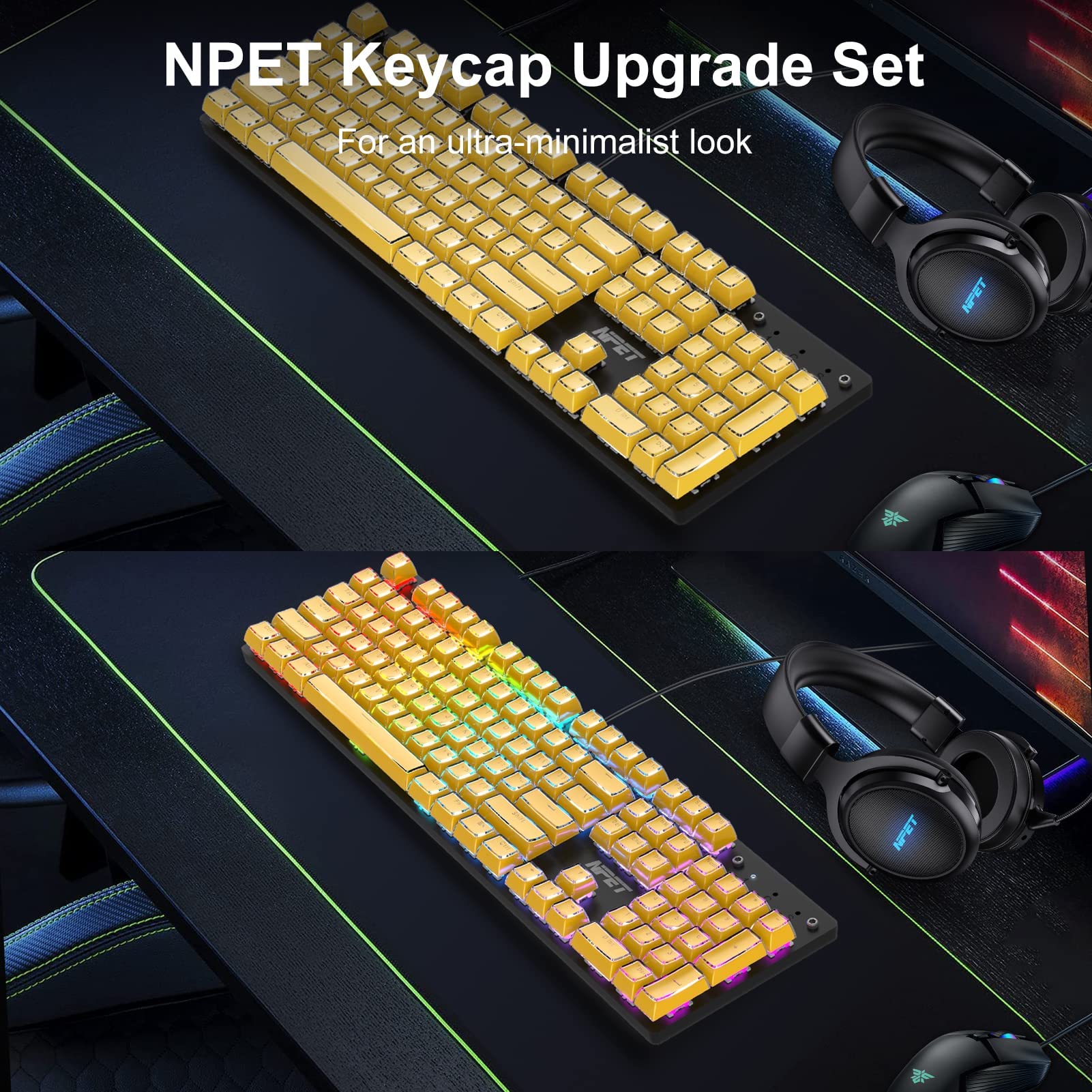 NPET KC30-03 Doubleshot Keycap Set with Translucent Layer, Crystal Keycaps for Mechanical Keyboards, Standard 104 Key Set, US Layout, Yellow
