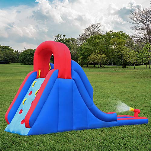 Sunny & Fun Compact Inflatable Water Slide Park – Heavy-Duty Nylon for Outdoor Fun - Climbing Wall, Slide, & Small Splash Pool – Easy to Set Up & Inflate with Included Air Pump & Carrying Case, Blue