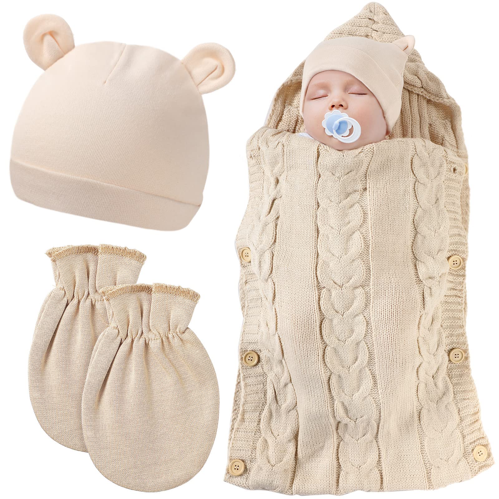 Newborn Baby Wrap Blanket Knit Sleeping Bag Receiving Blankets Stroller Wrap Newborn Baby Hat Bear Ears Infant Caps and Baby Mittens Gloves Gift for Christmas for 9-12 Months Boys Girls(Light Gray)