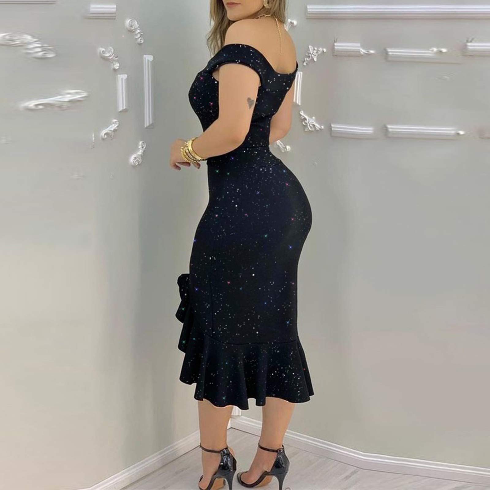 Pinkpaopao Sequins Wrap Dress for Women Solid Color Eelgant Prom Dress Off Shoulder High Waisted Ruffle Split Slim Bodycon