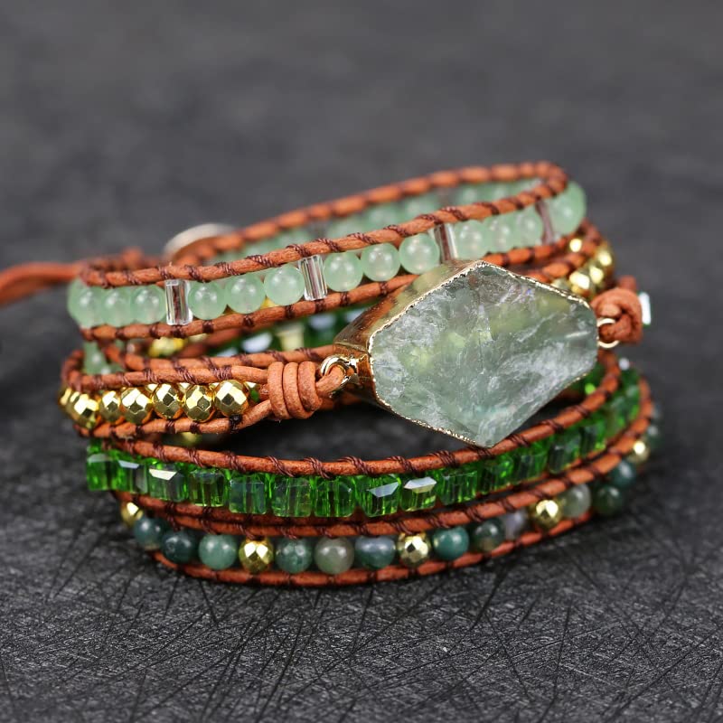NA Handmade Green Fluorite Natural Stone Genuine Leather 5X Wrap Bracelet