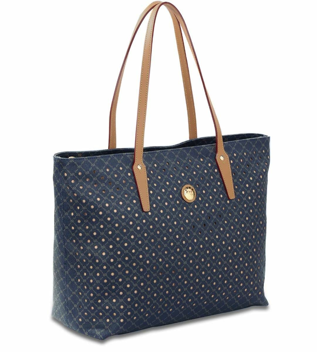 Rioni STA-20280 Designer Signature Large Dona Tote Navy Blue Canvas Leather Handbag Shoulder Bag