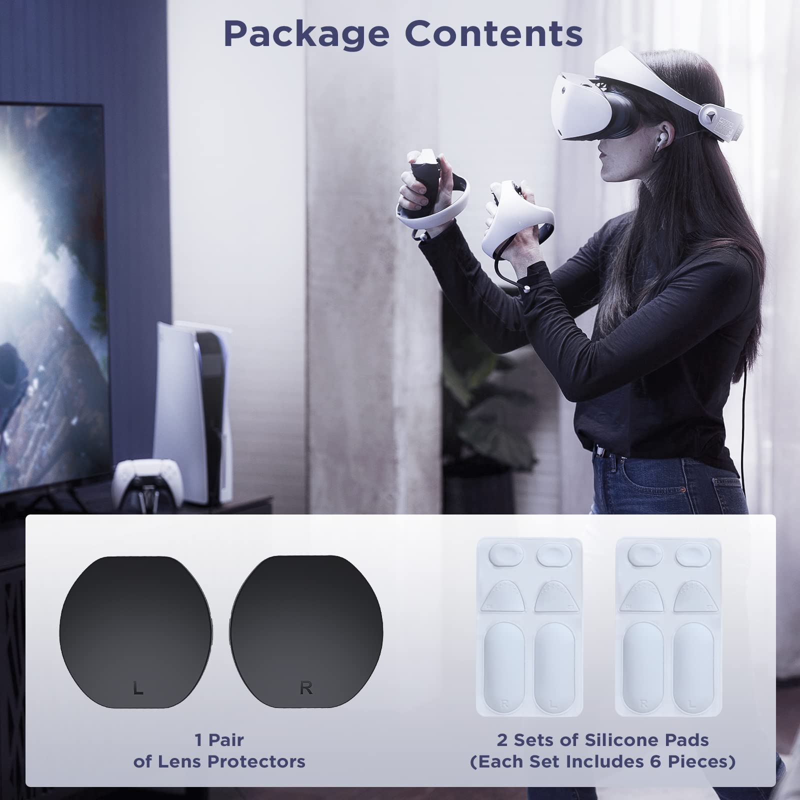TiMOVO Lens Protector & Controller Silicone Pads for PS VR2, Controller Accessories Lens Dust Cover Soft Protective Cap Reusable Silicone Patch for Gamepad for PlayStation VR2, Black and White