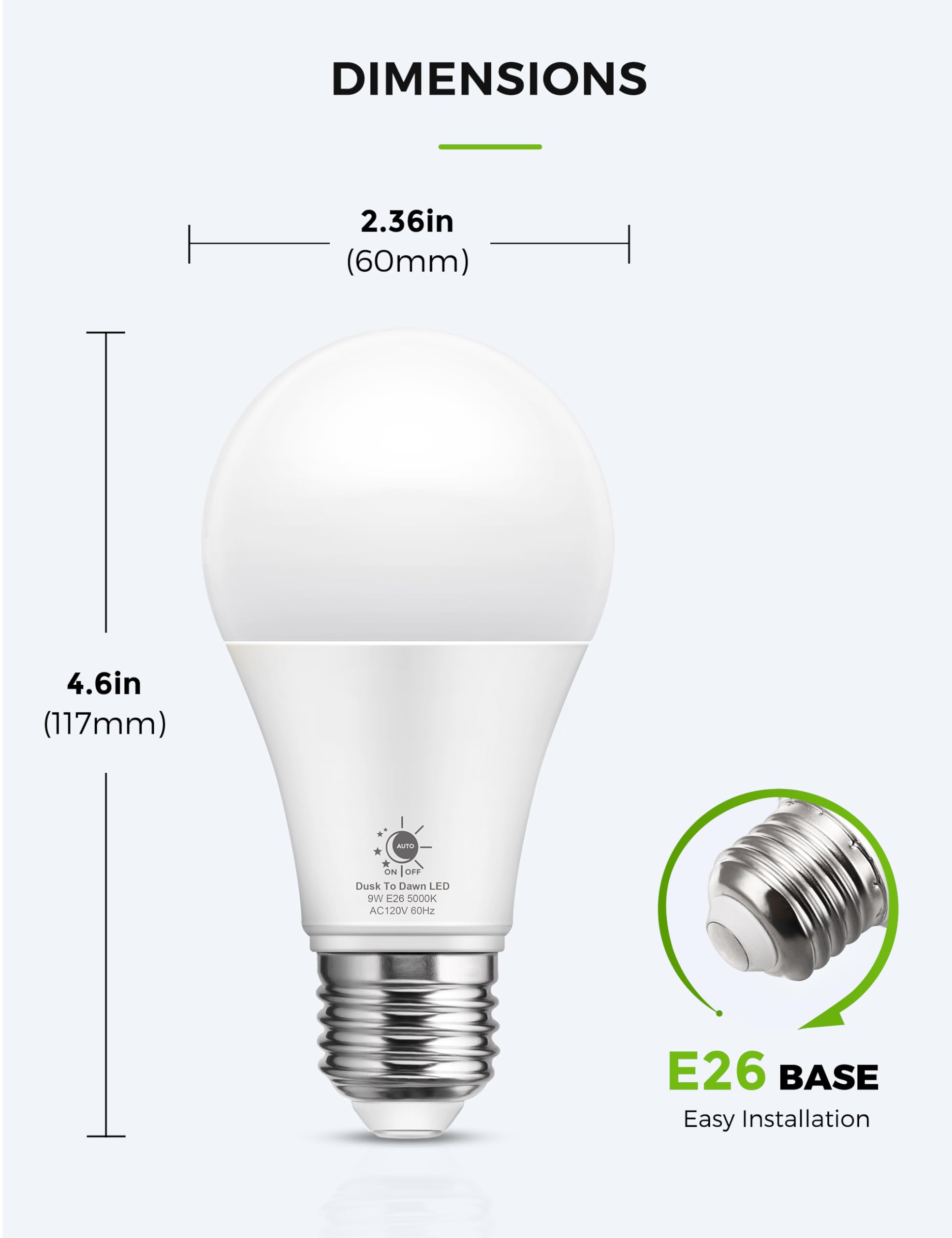 LOHAS Dusk to Dawn Light Bulbs Outdoor, Light Sensor Bulb 60W Equivalent, A19 LED Bulb Daylight 5000K, 9W Photocell Sensor LED, 900LM Auto On/Off Porch Light, E26 Base for Garage, 2Pack