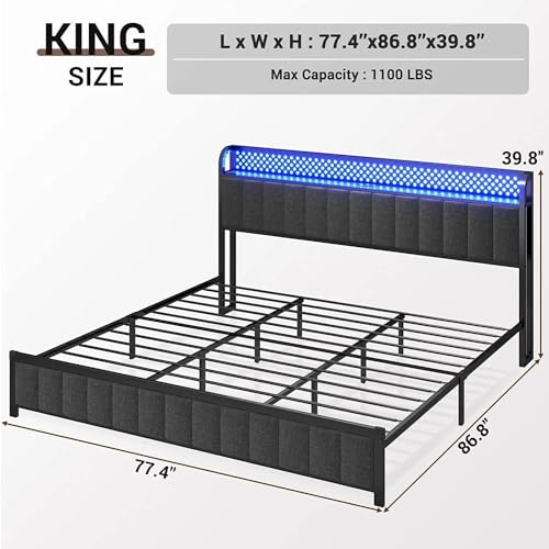 KAHXI LED King Size Bed, Modern Frame with LED Lights Headboard Upholstered Platform Bed,Dark Grey Bed Comfrot for Youth, Adult Bedroom, No Box Spring Needed, Noise-Free