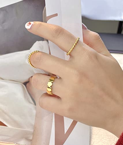 MYNENEY 2mm Stainless Steel Knuckle Rope Beaded Style Classical Simple Plain Stackable Wedding Band Ring (3pcs-Gold, 10)
