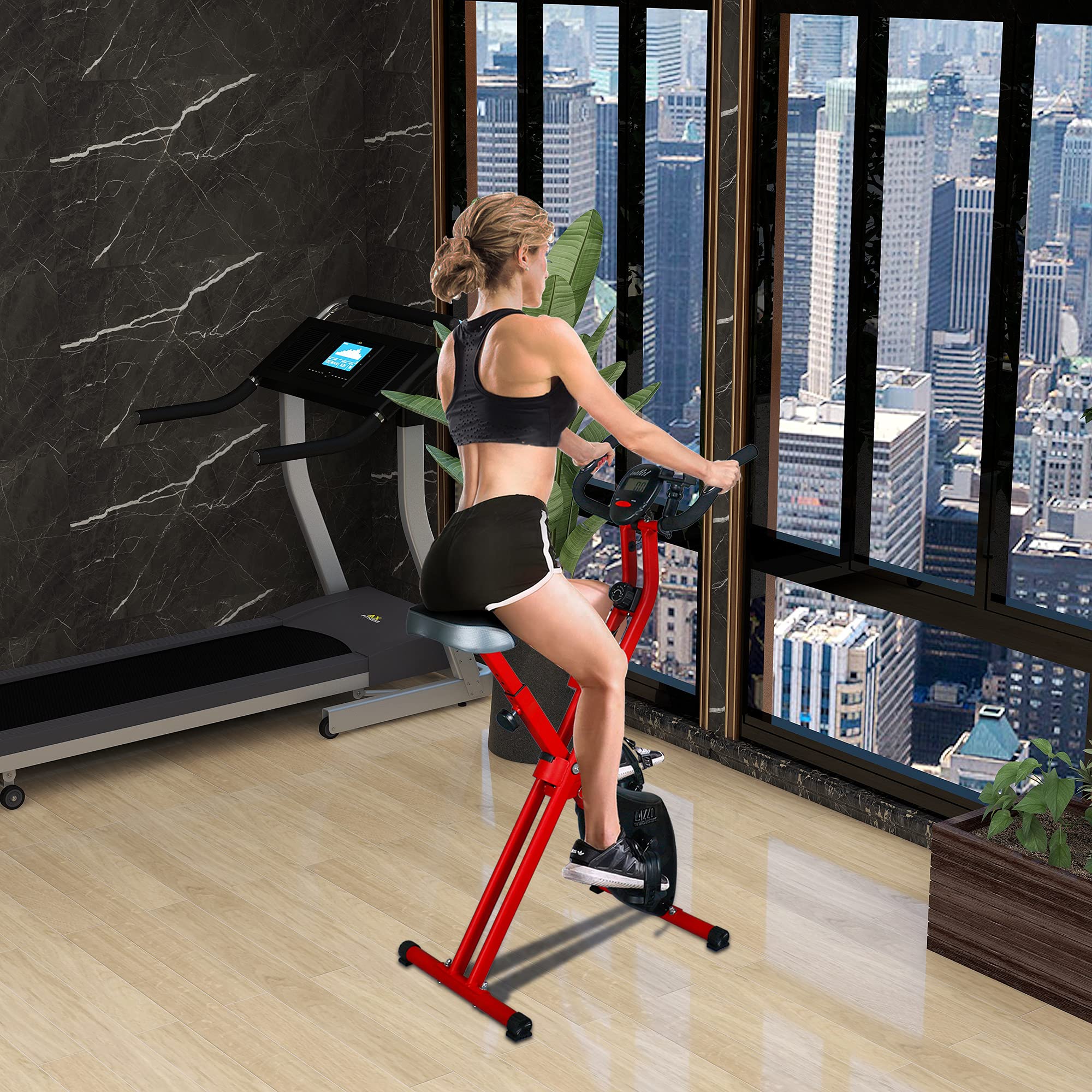 LAZZO Indoor Folding Magnetic Slim Exercise Bike| Bundle Includes Larger Soft seat,8-Levels Adjustable Resistance,Perfect for Home Use| Bear 250 lbs