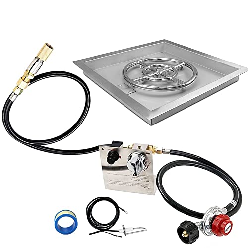 Uniflasy 18 Inch Square Drop-in Fire Pit Pan with 12" Round Burner Ring, 165k BTU Stainless Steel Fire Pit Pan with Spark Ignition and Propane Hose Kit for Indoor or Outdoor Fire Table/Fire Pit
