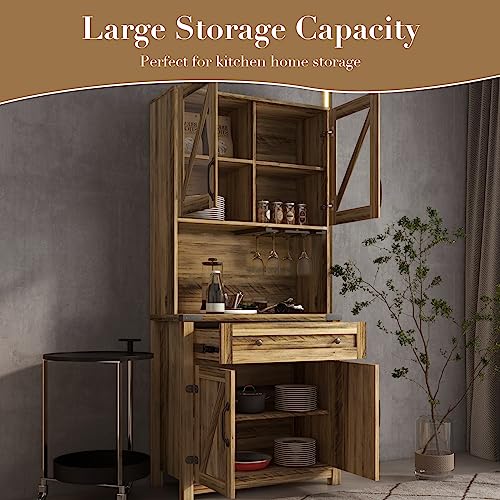 WESOME Farmhouse Bar Cabinet for Liquor and Glasses with Barn Door and Drawer, Liquor Cabinet Bar for Home/Kitchen/Dining Room, Yellow Walnut