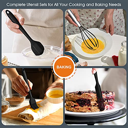 Kitchen Utensils Set, E-far 15-Piece Silicone Cooking Utensils with Holder, Non-stick Cookware Friendly & Heat Resistant, Includes Ladle Spatula Spoon Slotted Turner for Cooking & Baking (Black)