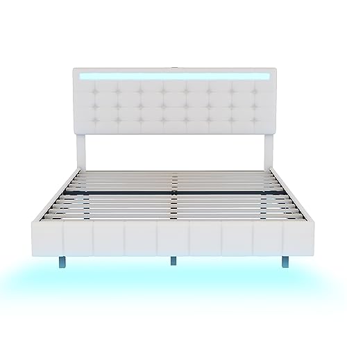 VilroCaz Queen Size Upholstered Platform Bed with LED Lights and USB Charging, Floating Bed Frame Mattress Foundation with Sturdy Slatted Support, No-Noise Design (White-Float)