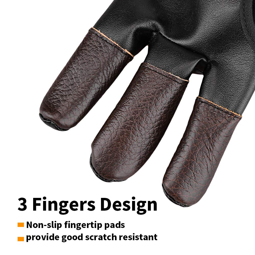 KRATARC Archery Glove Finger Protector Three Fingers Tab Leather Guard Lightweight Compact for Hunting Shooting Bow (Black, L)