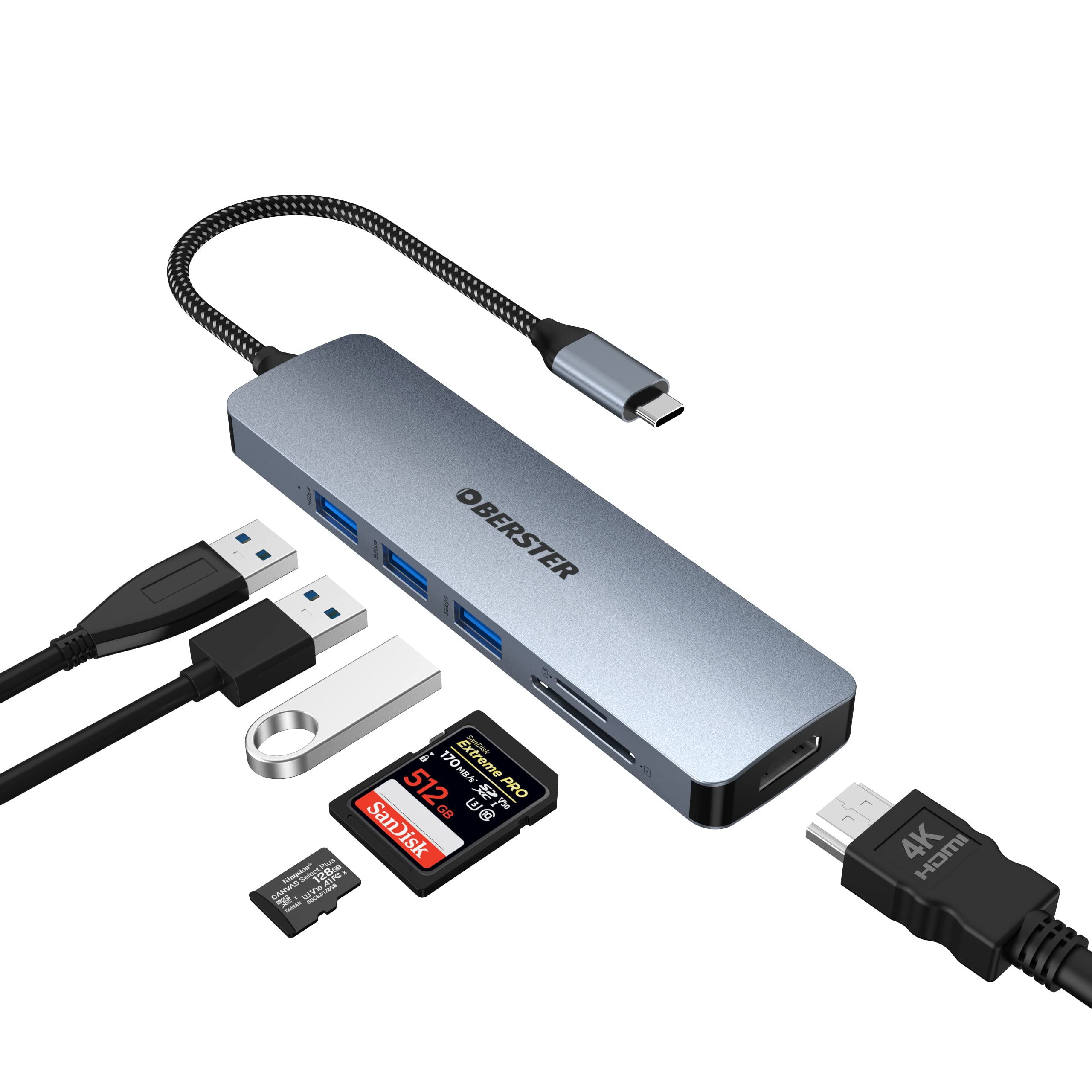 USB C Hub, USB C Hub HDMI, OBERSTER 6 in 1 USB C Adapter with 4K HDMI, 3 USB 3.0, SD/TF Card Playback USB C Docking Station Compatible with MacBook Pro/Air/Surface Pro 8 and Other Type C Devices