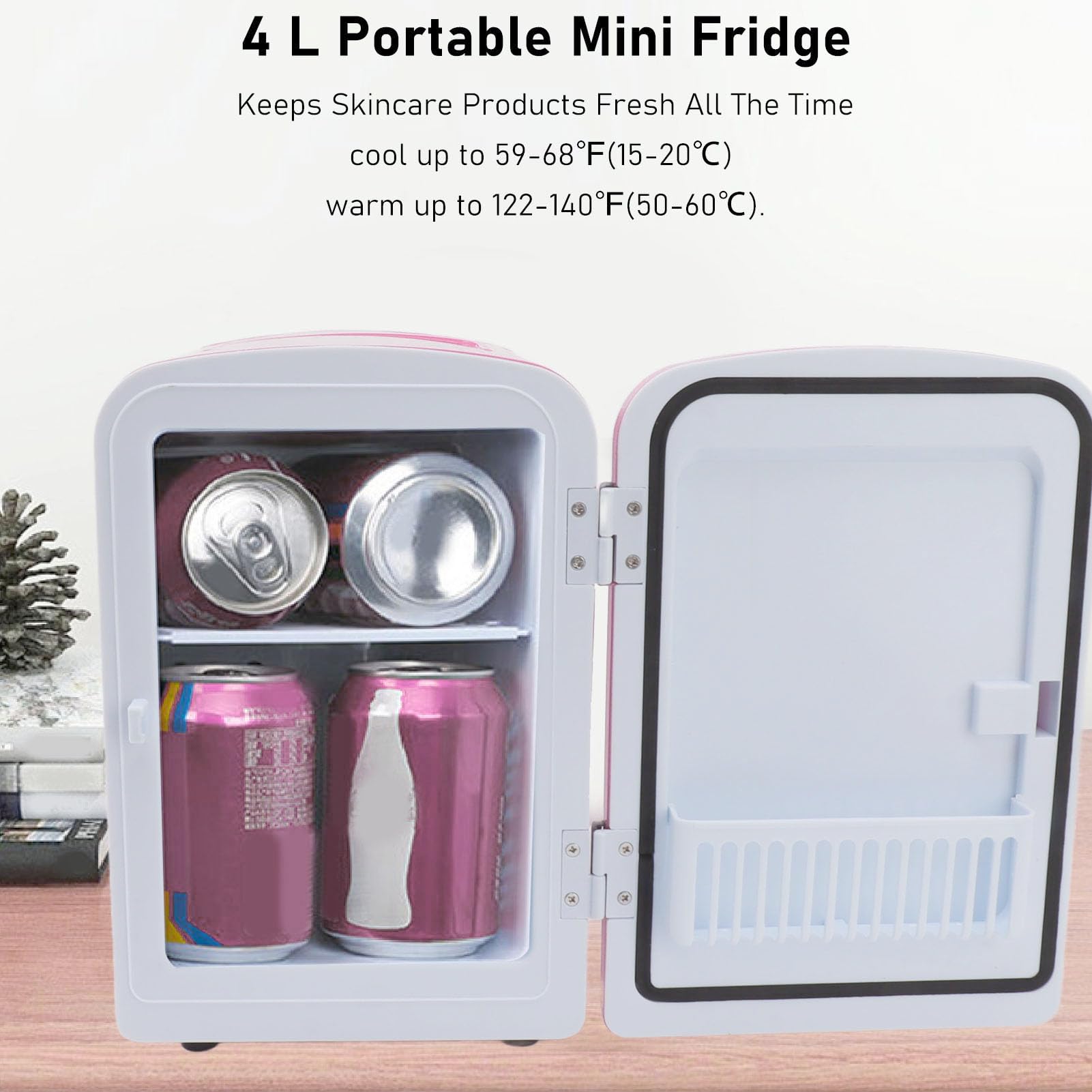 Luqeeg Mini Beauty Fridge, 4L Portable Refrigerator, Cooler Warmer Personal Refrigerator Desktop Accessory for Home Office Dorm Travel for Skin Care Beverage Medications, DC 12V Car Plug (US Plug)