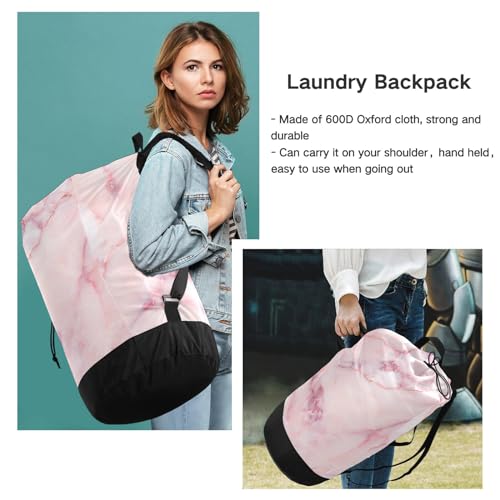 Washable Laundry Bag Backpack Large Dirty Clothes Bag with Adjustable Shoulder Strap Handles, Pink Marble Pattern Extra Laundry Heavy Duty Drawstring Bag for Travel College Grey Camping
