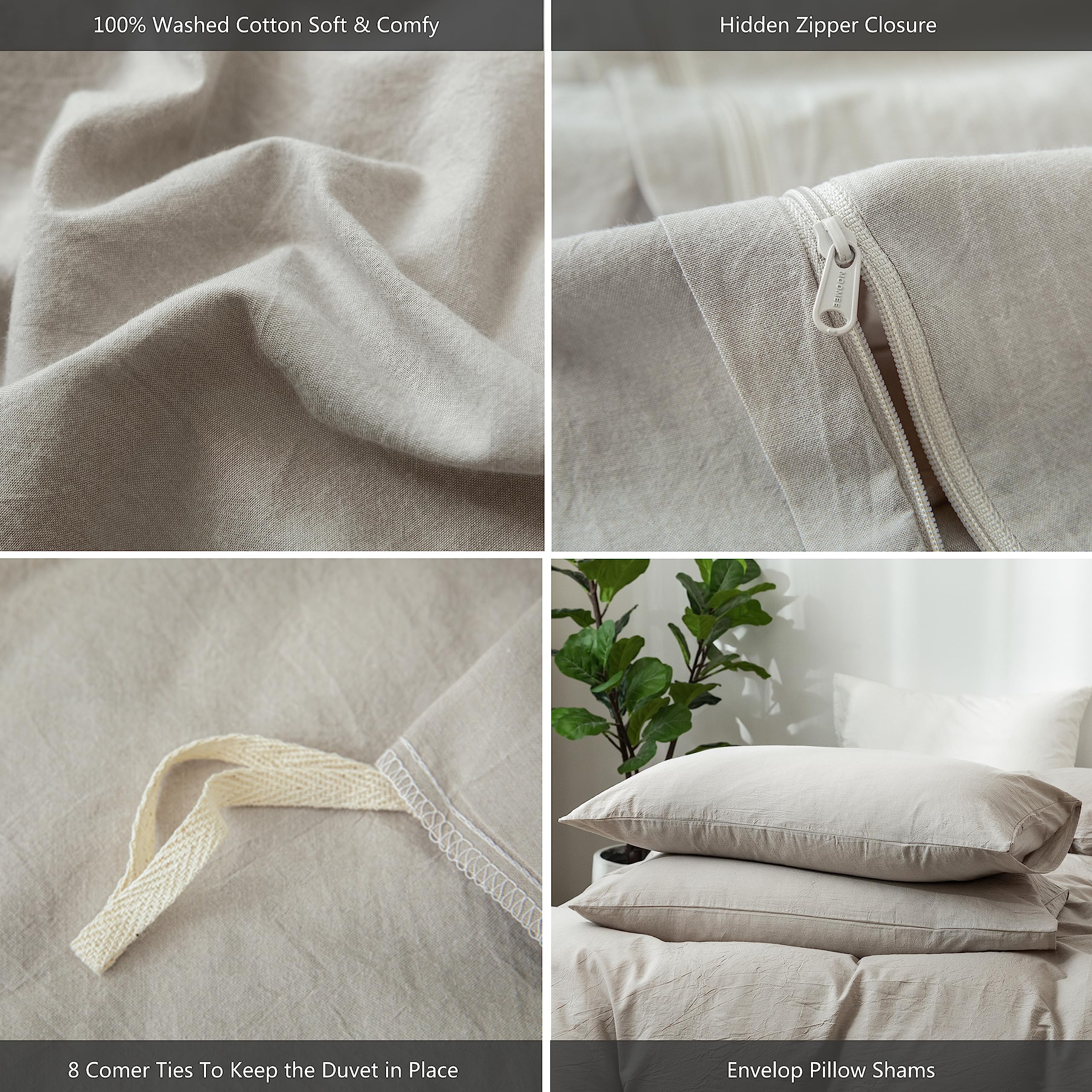 MooMee Bedding Duvet Cover Set 100% Washed Cotton Linen Like Textured Breathable Durable Soft Comfy (Cream Grey, King)