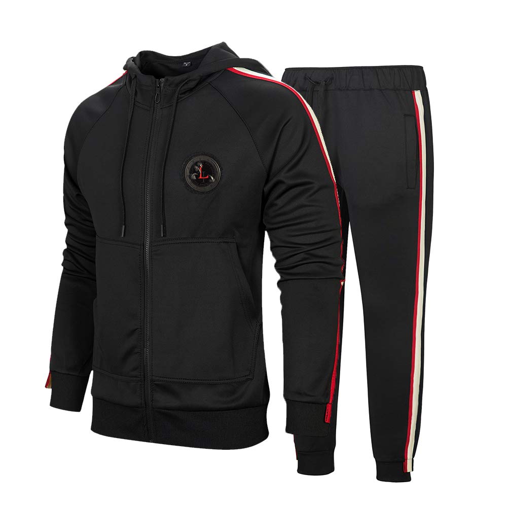 LBL Men's Sports Tracksuit Set Hooded Zip-up Casual Gym Jogging Sweat Suit Black M