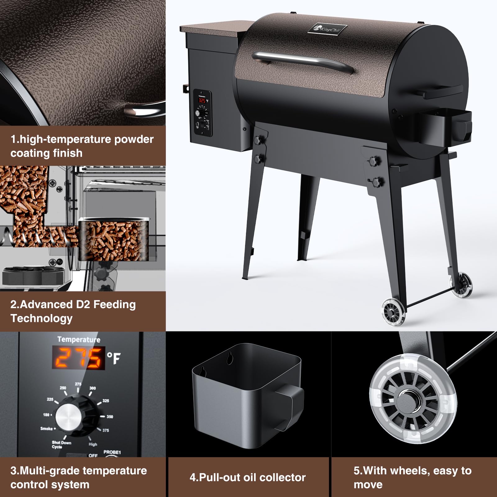 KingChii Upgraded Wood Pellet Grill with Temperature Control and Foldable Legs - 456 sq in, Bronze