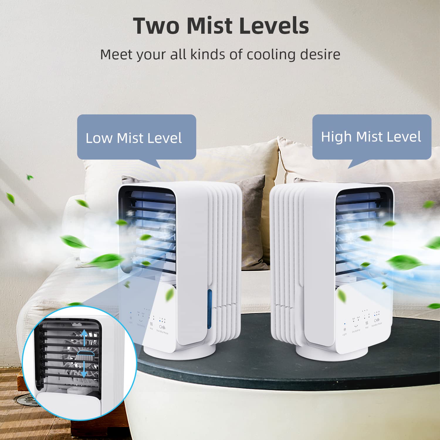 Portable Air Cooler, JREAWD 3 in 1 Mini Air Cooler with 120° Oscillation 3 Speeds USB Evaporative Air Cooler Fan with LED Light for Home Office Bedroom Kitchen Tent