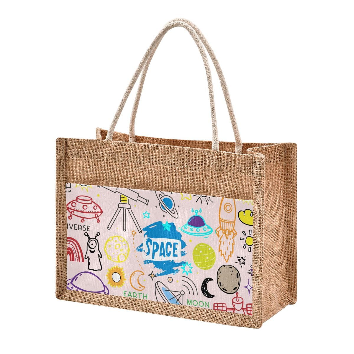 Jute Tote Burlap Bag Pink Cute Space Science Universe Rocket Planet Gift Bag Women DIY Work Grocery Storage Bag