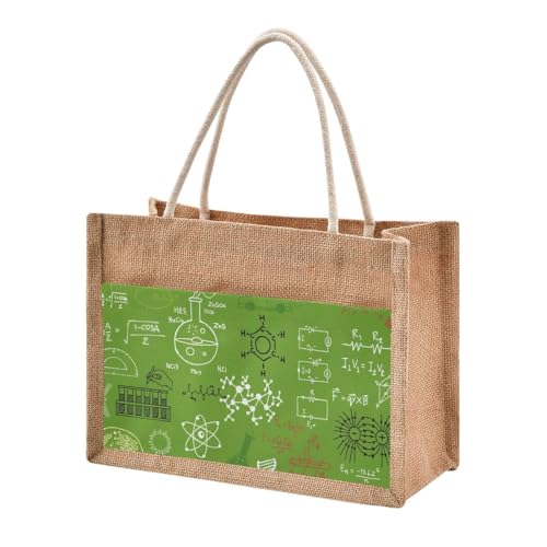 Jute Tote Burlap Bag Green Education Science Formulas Colorful Hippie Hand Written Gift Bag Women DIY Work Grocery Storage Bag
