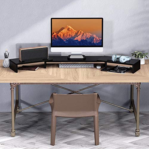 LORYERGO Triple Monitor Stand, 52 Inch Long Large Monitor Riser with 2 Slots for Phone & Tablet, Length and Angle Adjustable Computer Stand, Desktop Stand for Computer, Screen, Tablet, Printer