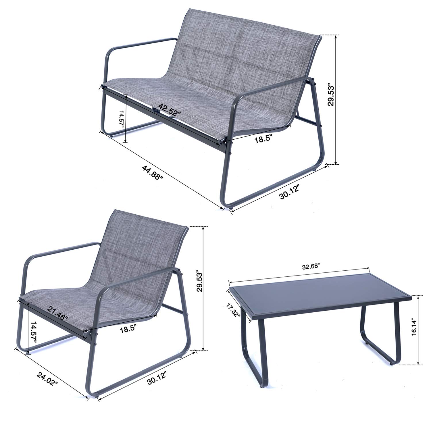 Kozyard Sofia 4 Pieces Outdoor Patio Furniture Conversation Set with Strong Powder Coated Metal Frame, One Love Seat, Two Single Chairs and One Table for Front Porch Balcony Backyad (Gray)