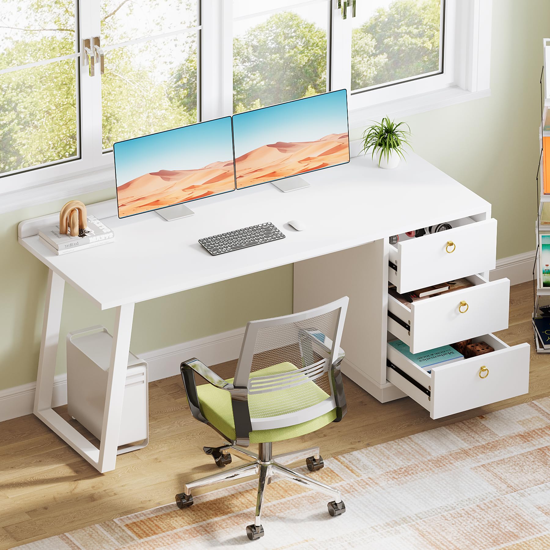 Tribesigns White Computer Desk with Drawers: 55 Inches Modern Home Office Desk with Storage, Small Wood Study Writing Work Table Workstation for Bedroom, White and Gold
