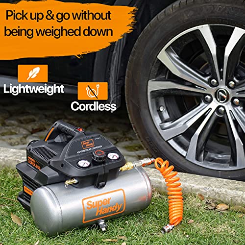 SuperHandy Portable Air Compressor, 2 Gal, 135 PSI, Li-on Battery Operated, 60db Ultra Quiet & Lightweight - For Air Tools, Tire Inflation, & Construction