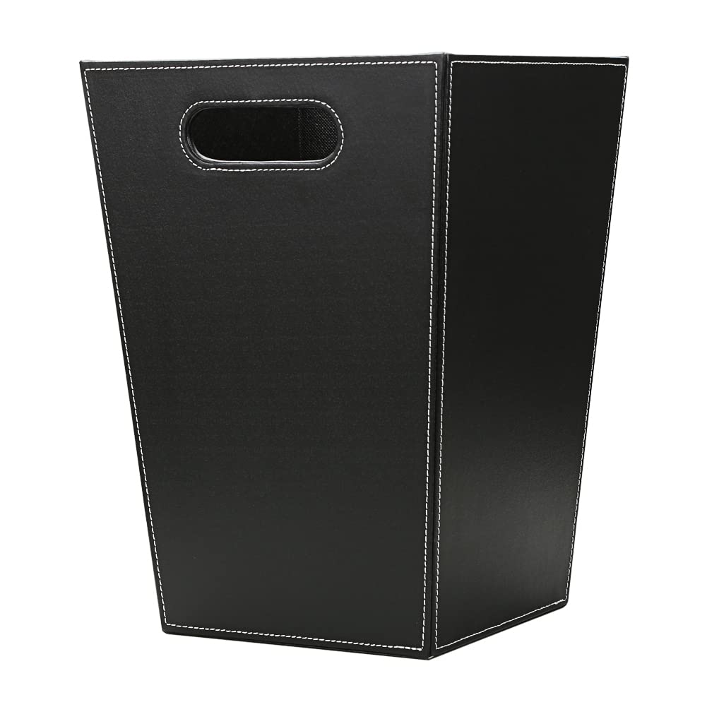 KINGFOM Classic Pu Leather Trash Can Wastebasket, Garbage Container Bin with Handles for Bathrooms, Powder Rooms, Kitchens, Home, Office and and High Class Hotel Square Black