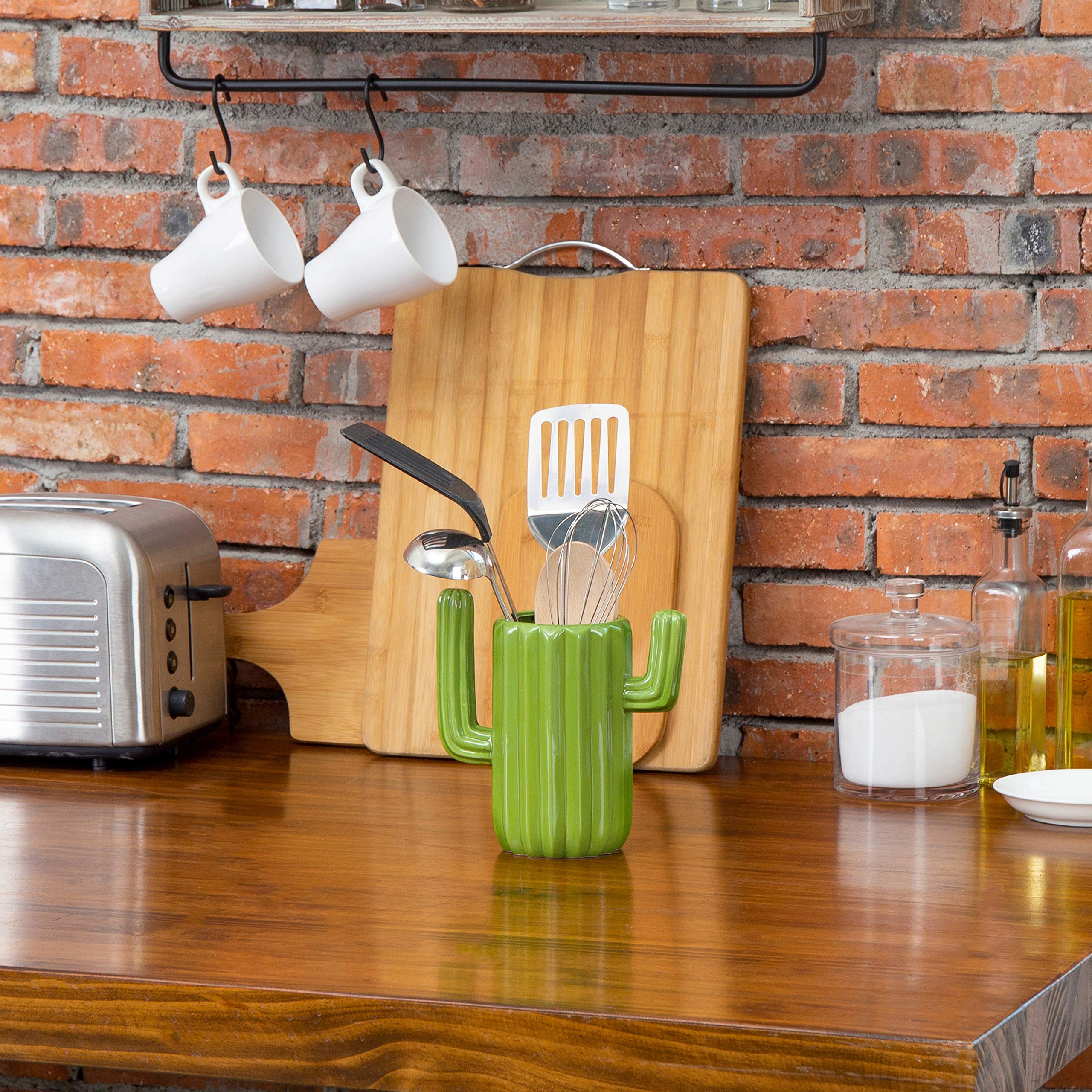 MyGift Southwestern Style Green Ceramic Utensil Holder with Cactus Shaped Design, Countertop Utensil Crock Container Kitchen Decor